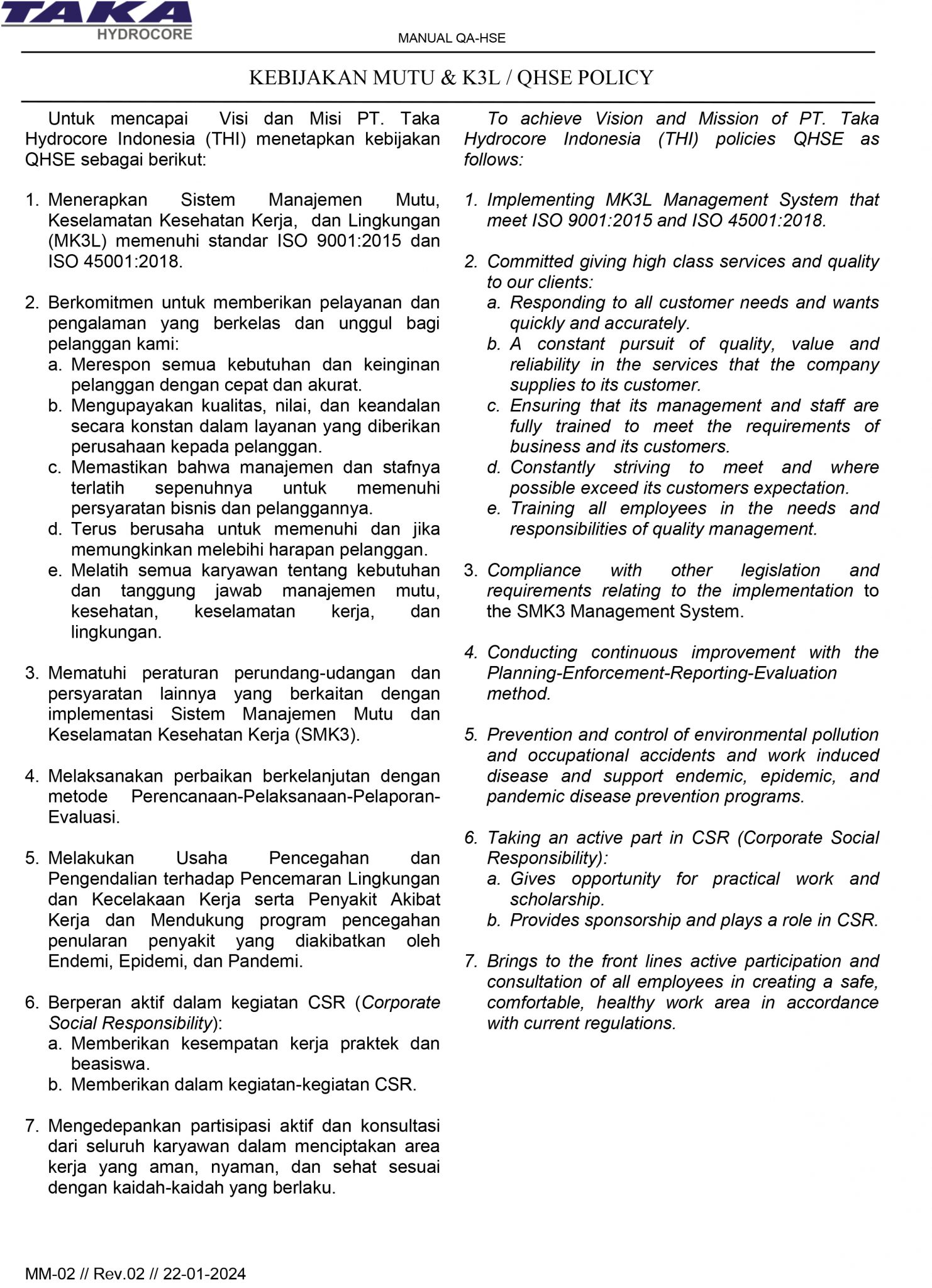 QHSE – Taka Hydrocore Indonesia