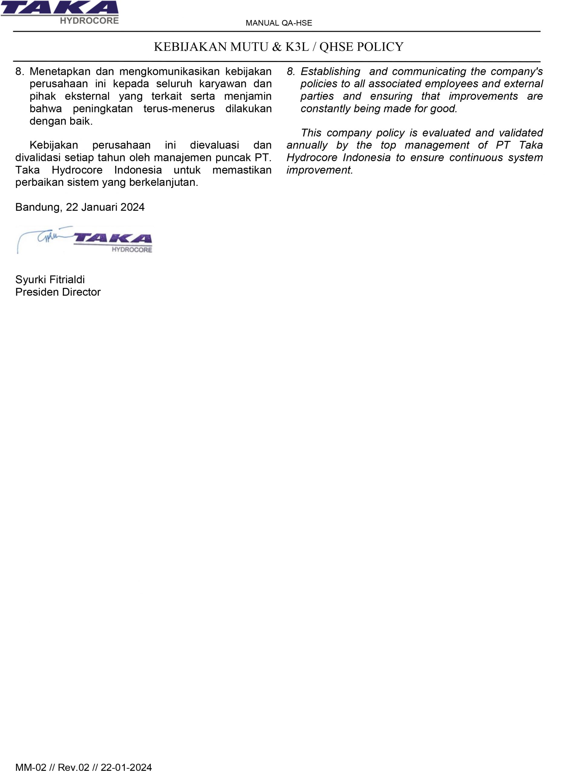 QHSE – Taka Hydrocore Indonesia
